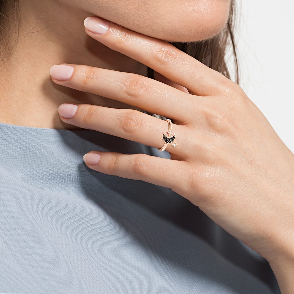 Swarovski Symbolic Moon Motif Ring, Black, Rose-gold tone plated ...