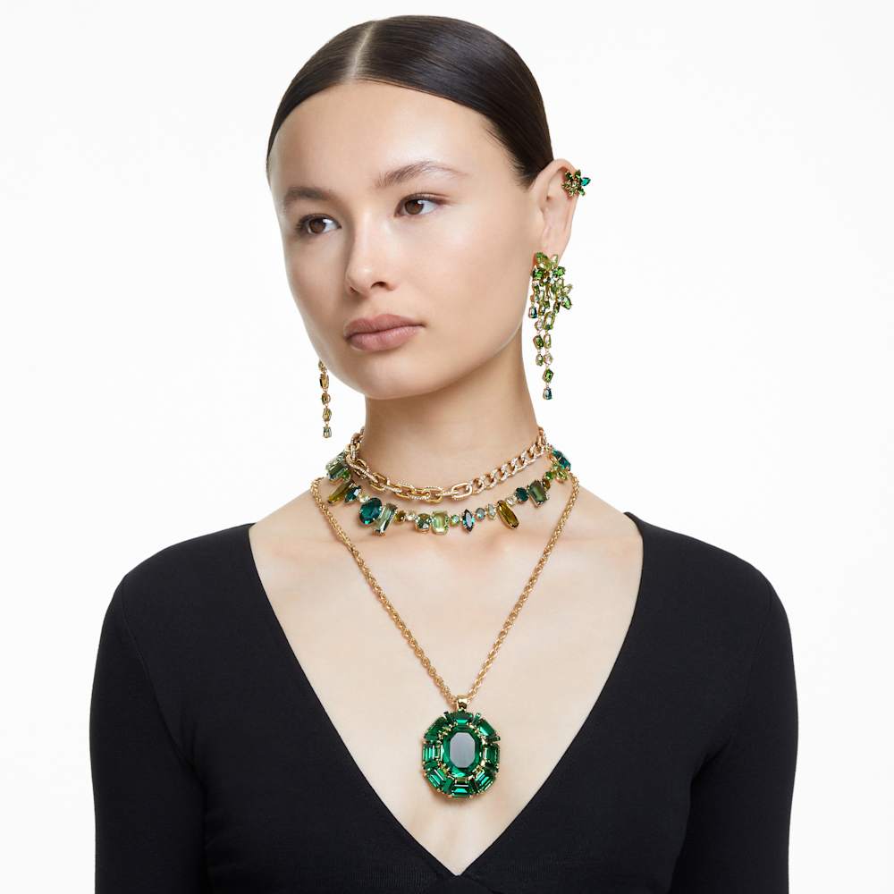 Gema necklace, Mixed cuts, Green, Gold-tone plated | Swarovski