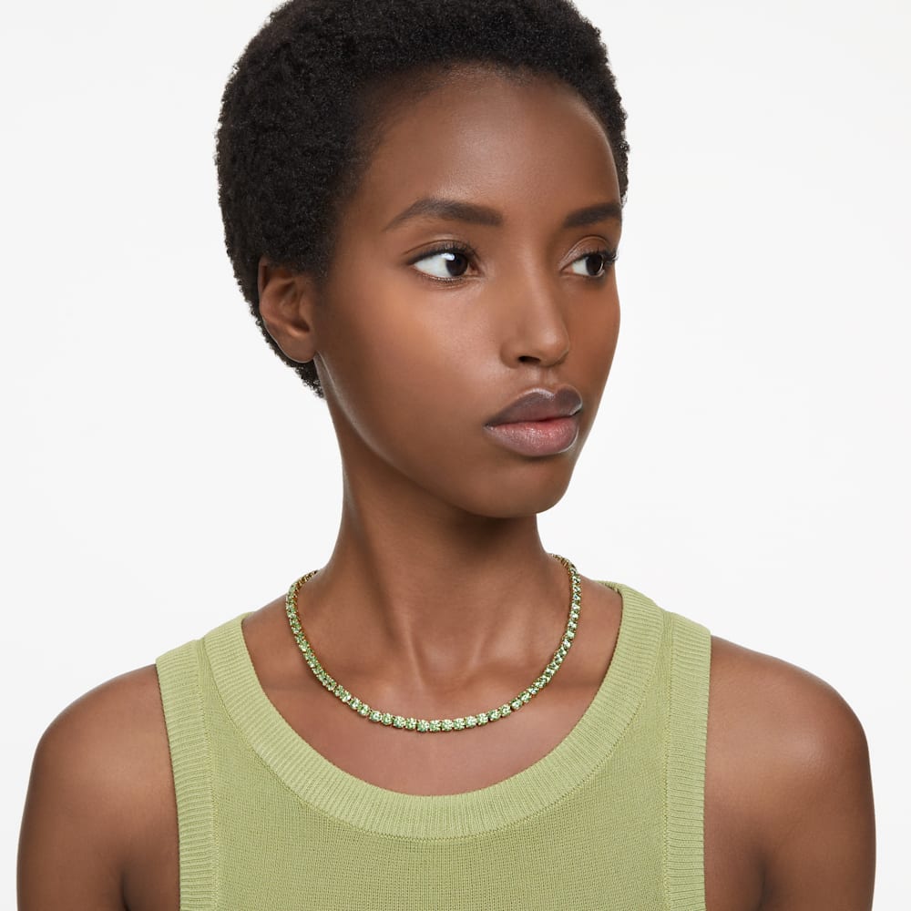 Matrix Tennis necklace, Round cut, Medium, Green, Gold-tone plated ...
