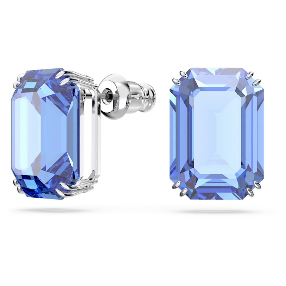 Millenia stud earrings, Octagon cut, Blue, Rhodium plated | Swarovski.com