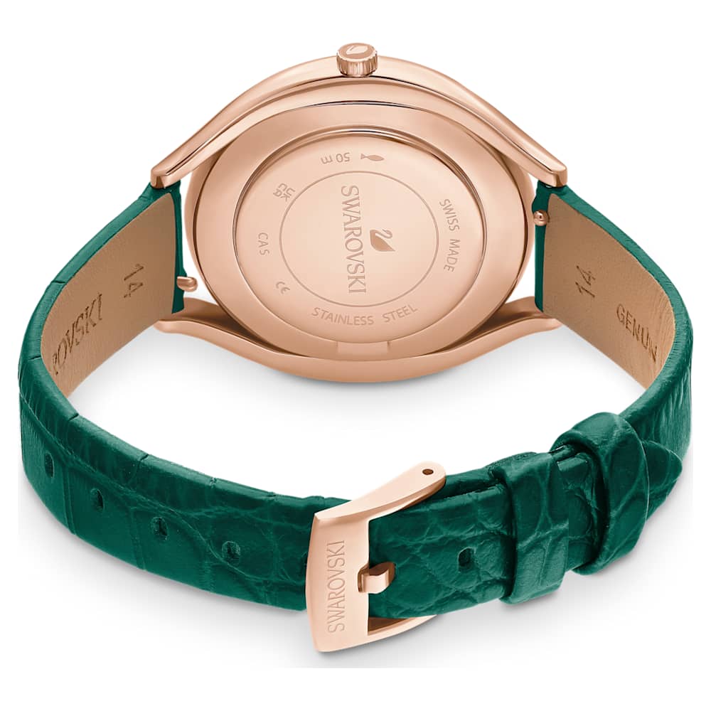 Crystalline Aura watch, Swiss Made, Leather strap, Green, Rose gold ...
