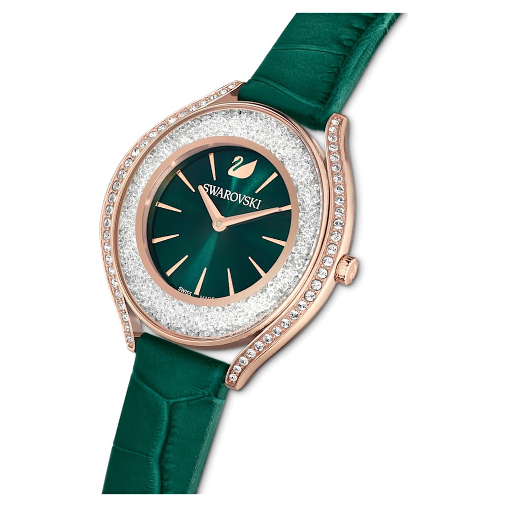 Crystalline Aura watch, Swiss Made, Leather strap, Green, Rose gold ...