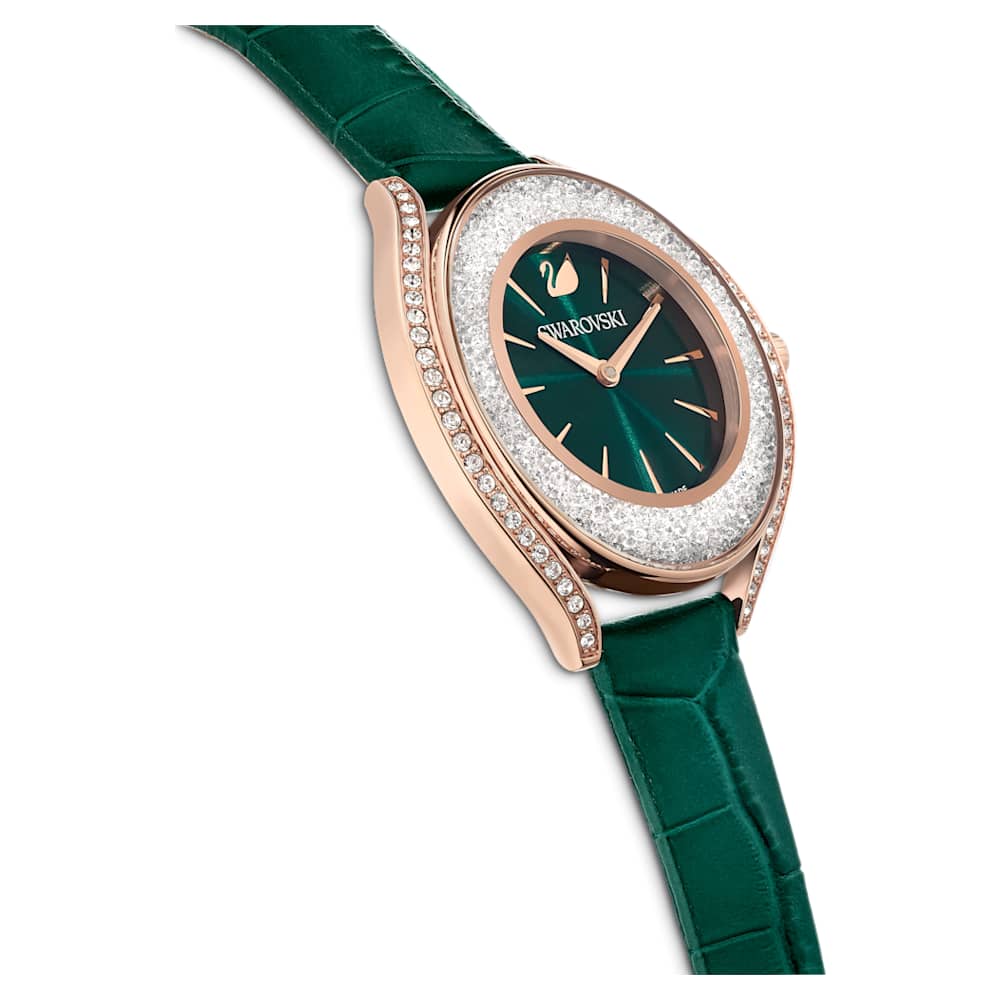 Crystalline Aura watch, Swiss Made, Leather strap, Green, Rose gold ...