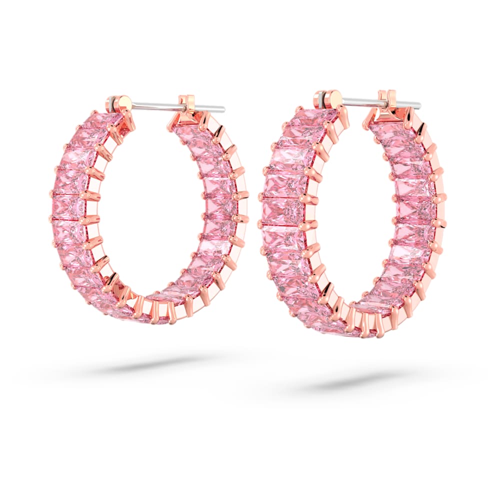 Matrix hoop earrings, Baguette cut, Pink, Rose gold-tone plated | Swarovski