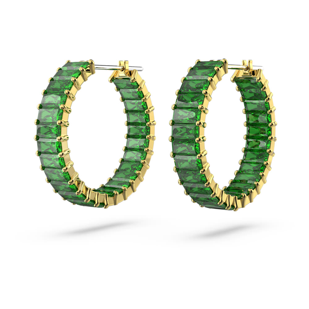 Matrix hoop earrings, Baguette cut, Green, Gold-tone plated | Swarovski