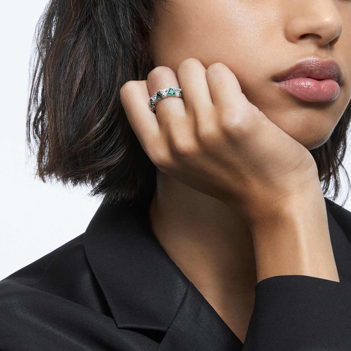 Ortyx cocktail ring, Triangle cut, Green, Rhodium plated | Swarovski