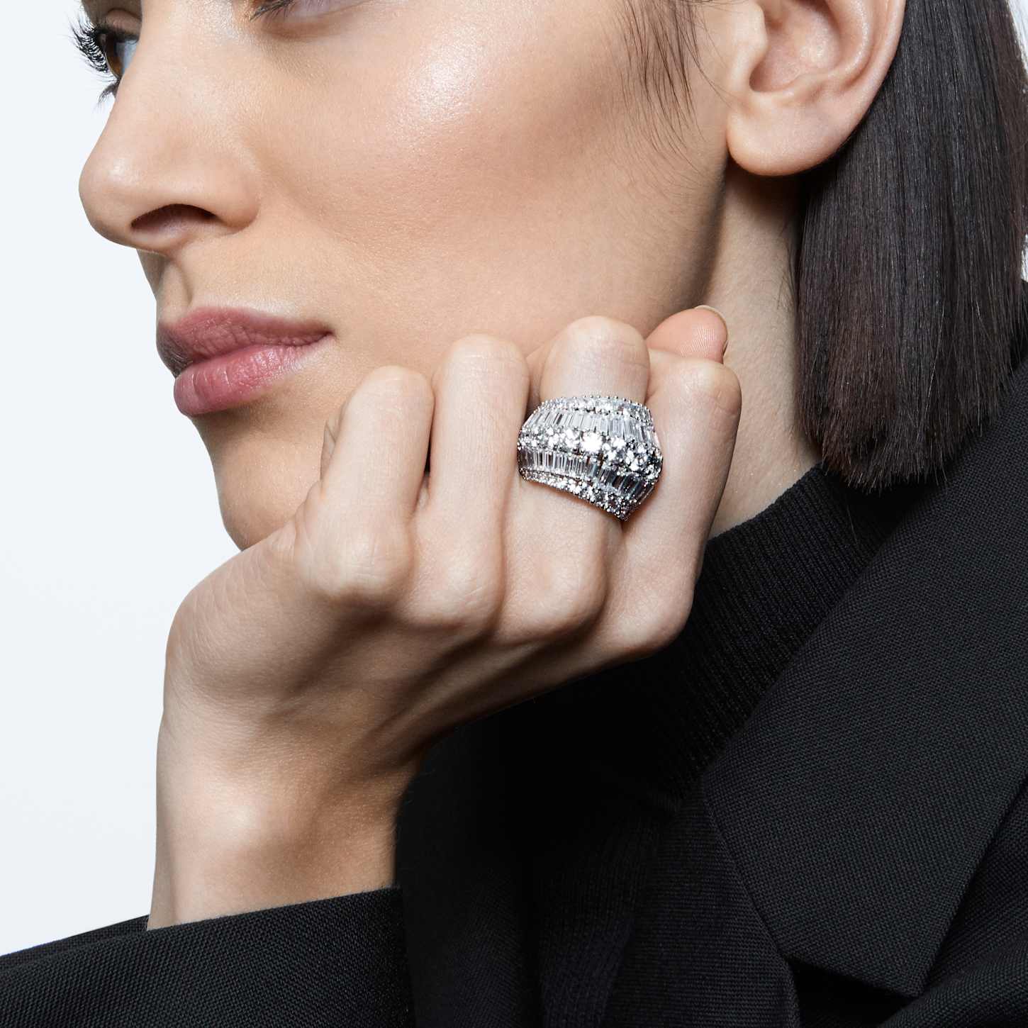 Hyperbola cocktail ring, Mixed cuts, White, Rhodium plated | Swarovski.com