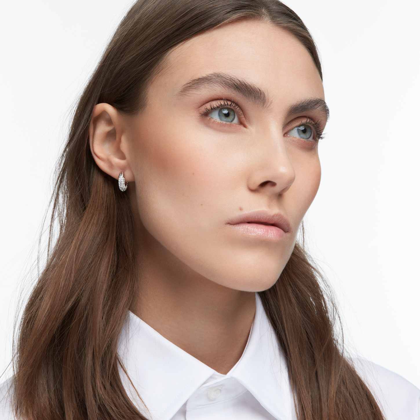 Dextera hoop earrings, Small, White, Rhodium plated | Swarovski