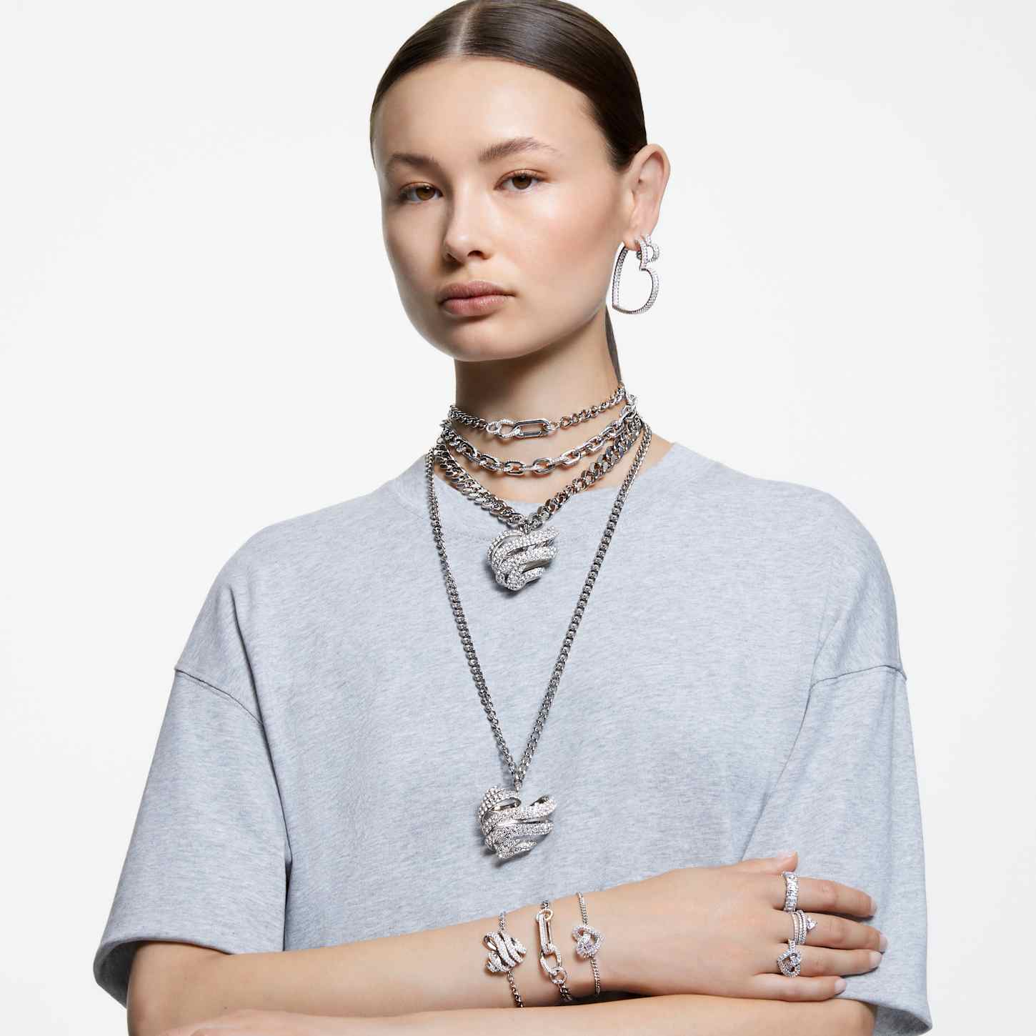 Dextera necklace, Statement, Mixed links, White, Rhodium plated | Swarovski