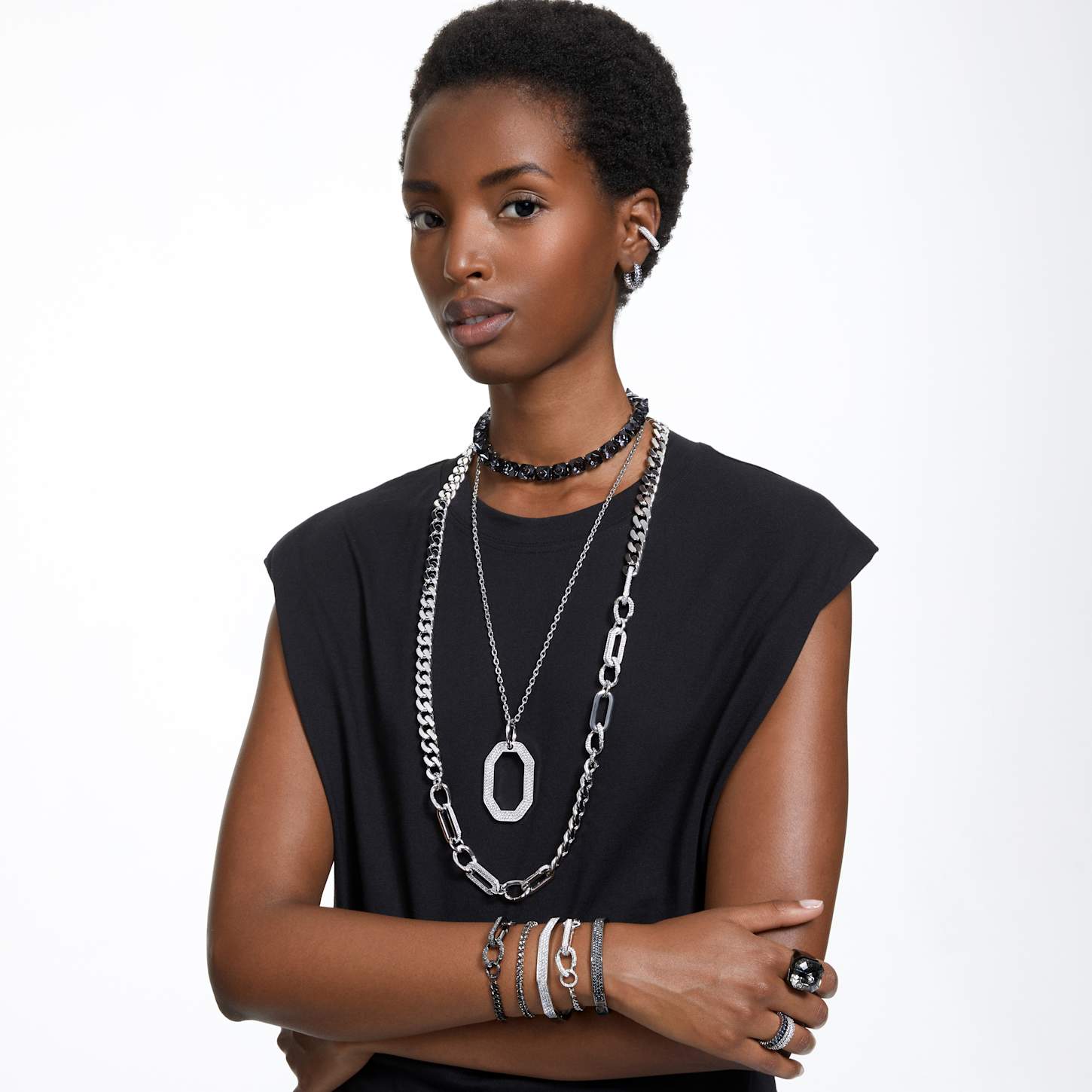 Dextera pendant, Octagon shape, Medium, White, Rhodium plated | Swarovski