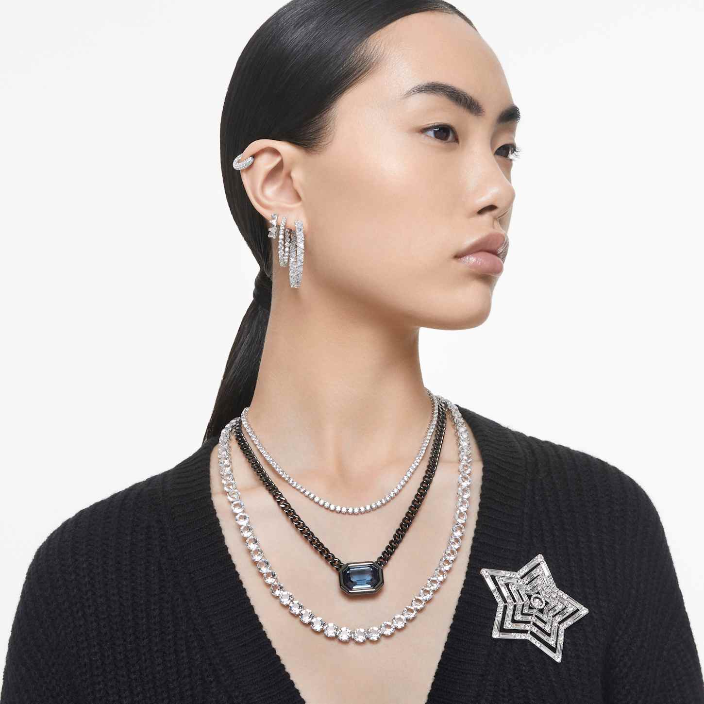 Matrix hoop earrings, Round cut, White, Rhodium plated | Swarovski