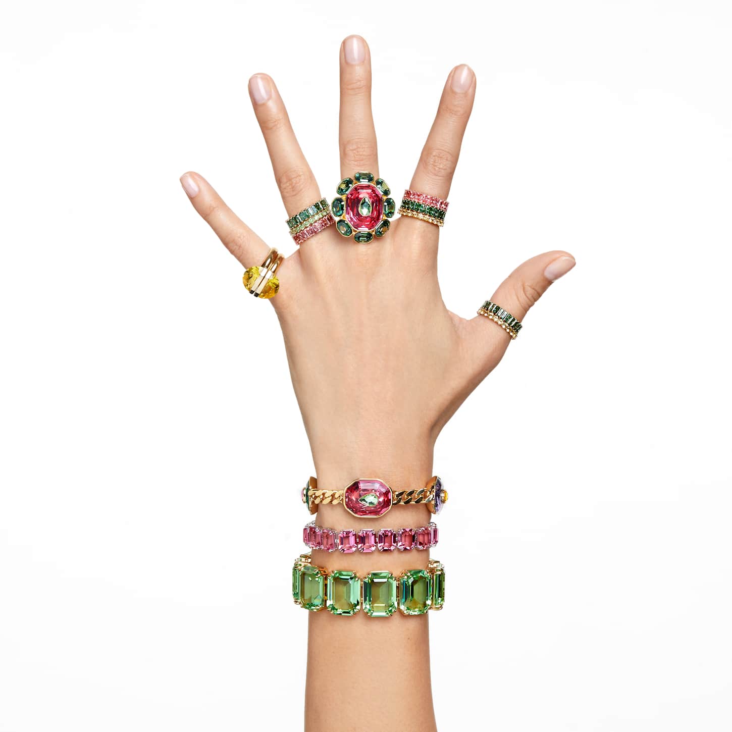 Matrix ring, Baguette cut, Pink, Rose gold-tone plated | Swarovski