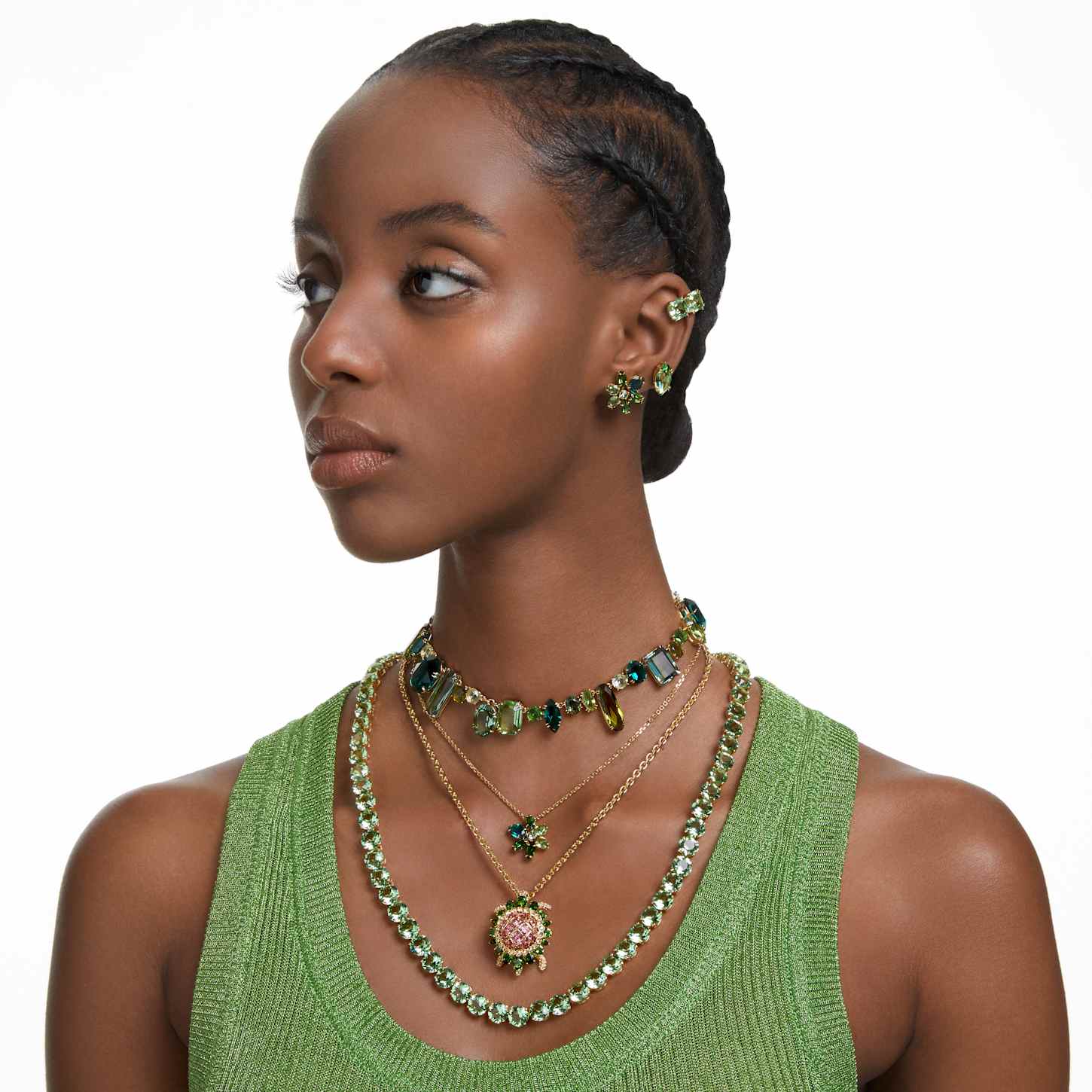 Gema necklace, Mixed cuts, Green, Gold-tone plated | Swarovski