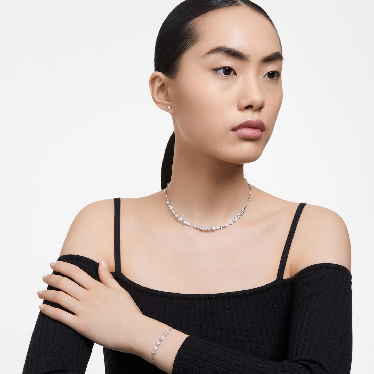 Mesmera set, Mixed cuts, Scattered design, White, Rhodium plated ...