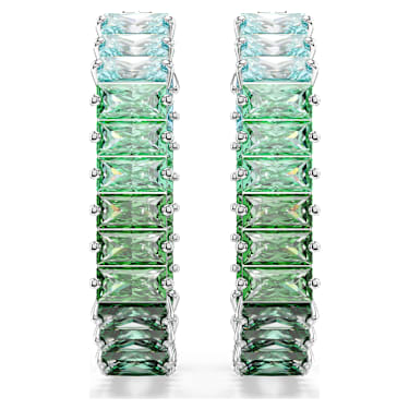 Matrix hoop earrings, Baguette cut, Green, Rhodium plated | Swarovski