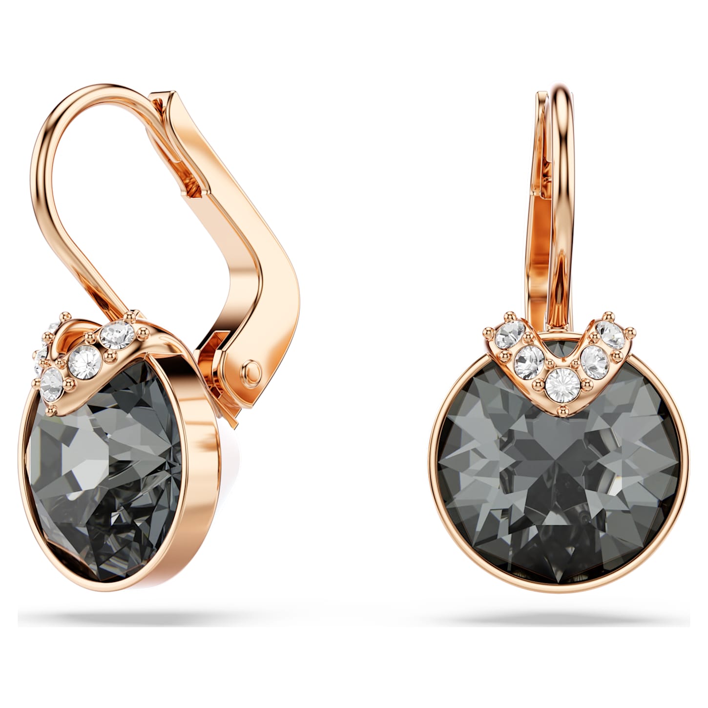 Bella V drop earrings, Round cut, Gray, Rose gold-tone plated | Swarovski