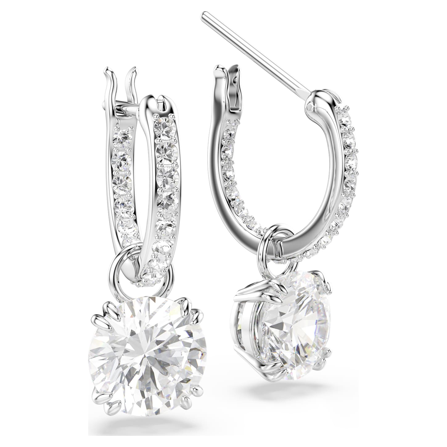 Constella drop earrings, Round cut, White, Rhodium plated | Swarovski