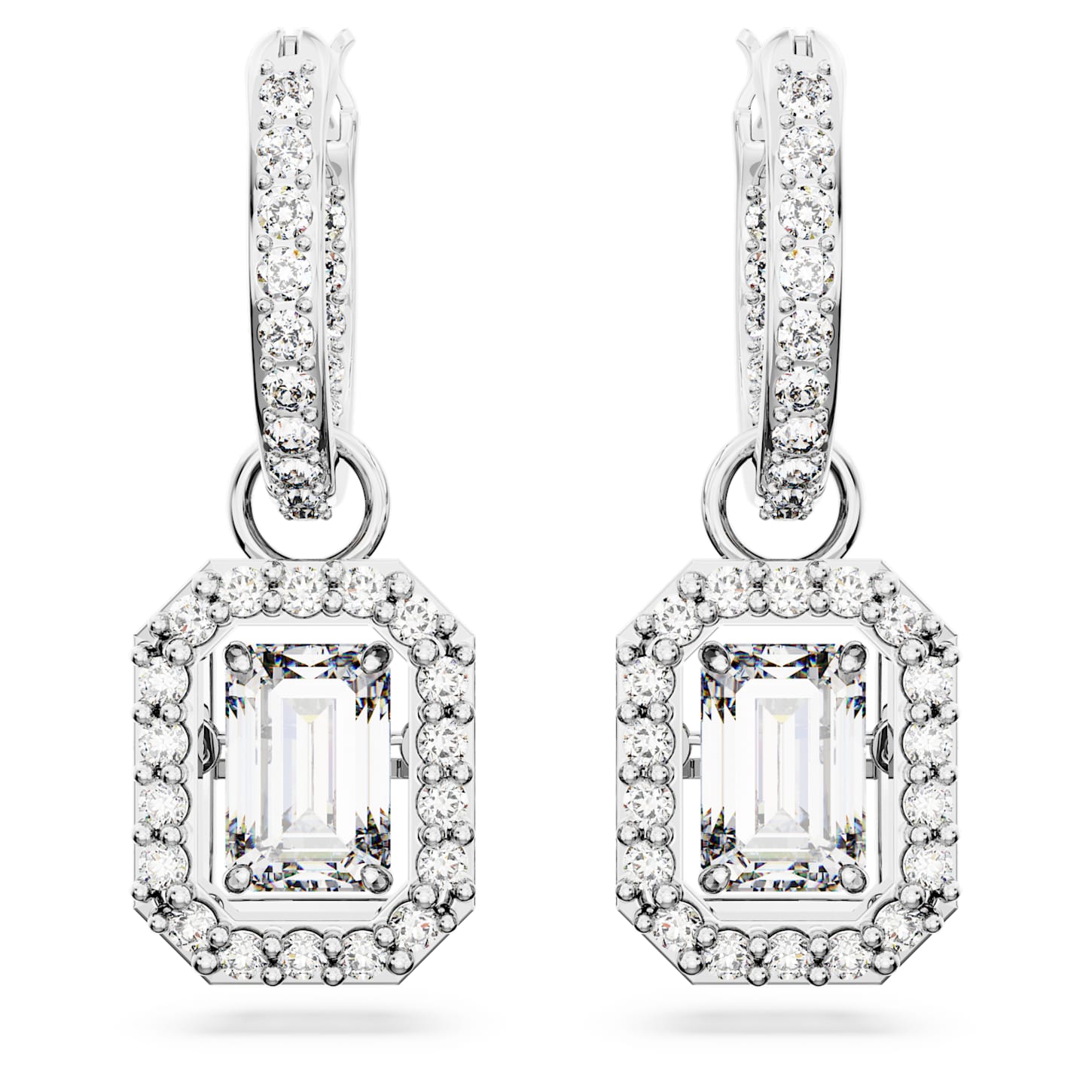 Millenia drop earrings, Octagon cut, White, Rhodium plated | Swarovski