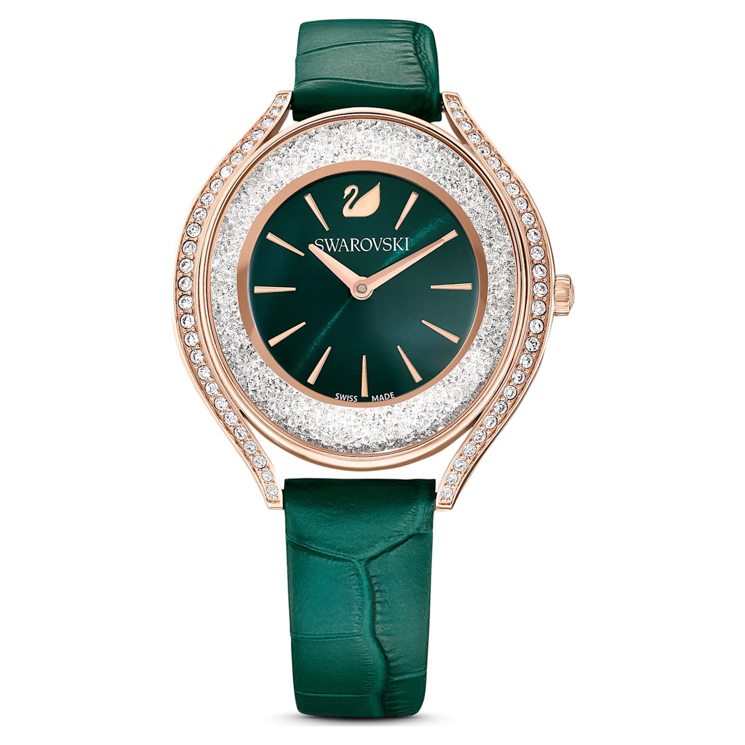 Crystalline Aura watch, Swiss Made, Leather strap, Green, Rose gold ...
