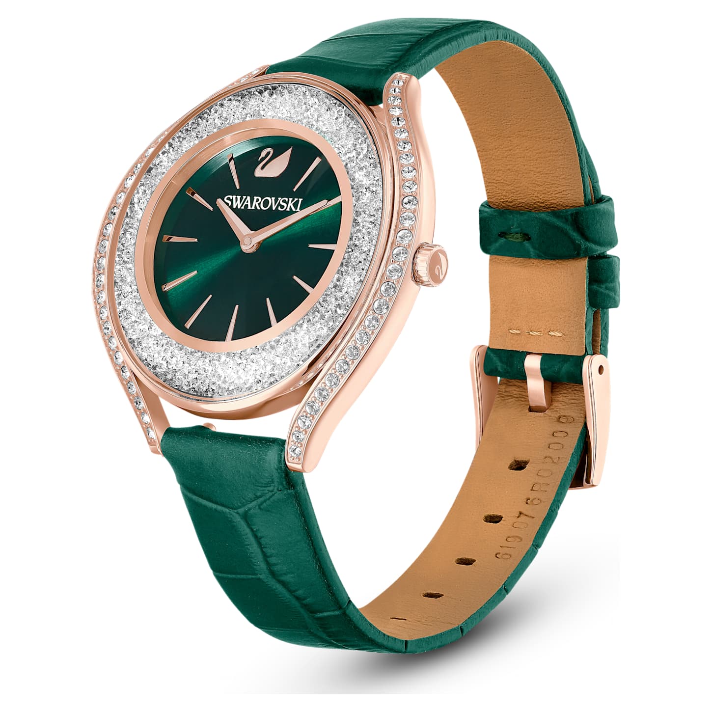 Crystalline Aura watch, Swiss Made, Leather strap, Green, Rose gold ...