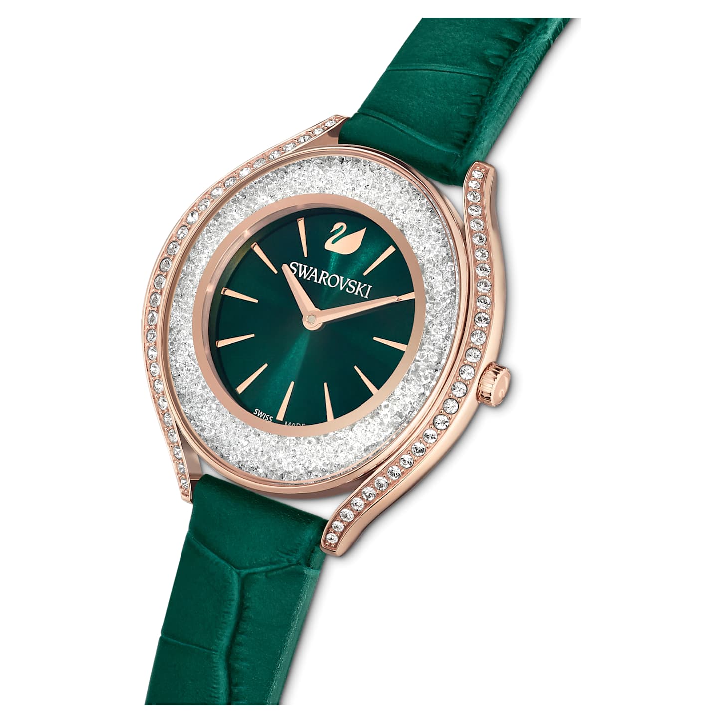 Crystalline Aura watch, Swiss Made, Leather strap, Green, Rose gold ...