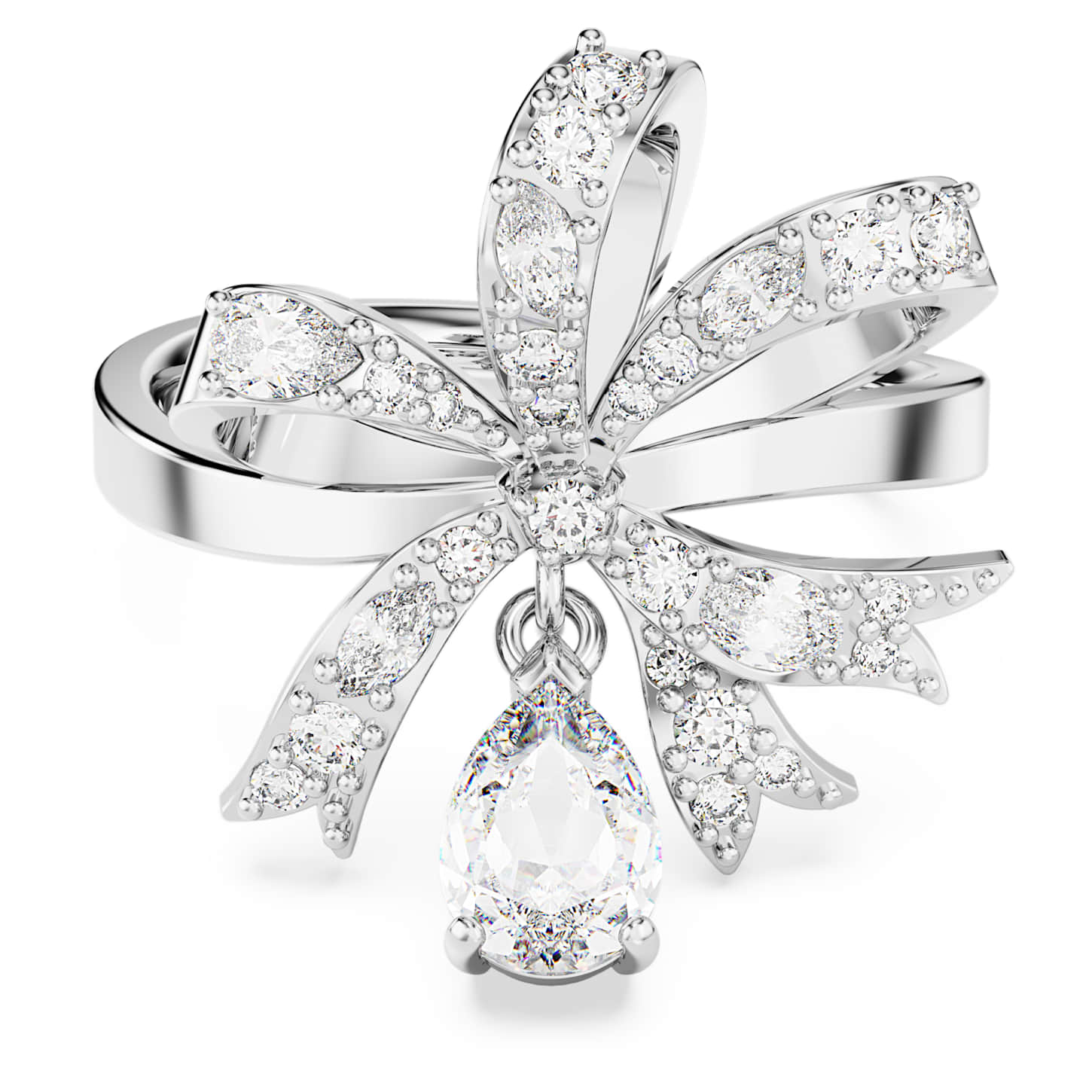 Volta cocktail ring, Bow, Small, White, Rhodium plated | Swarovski