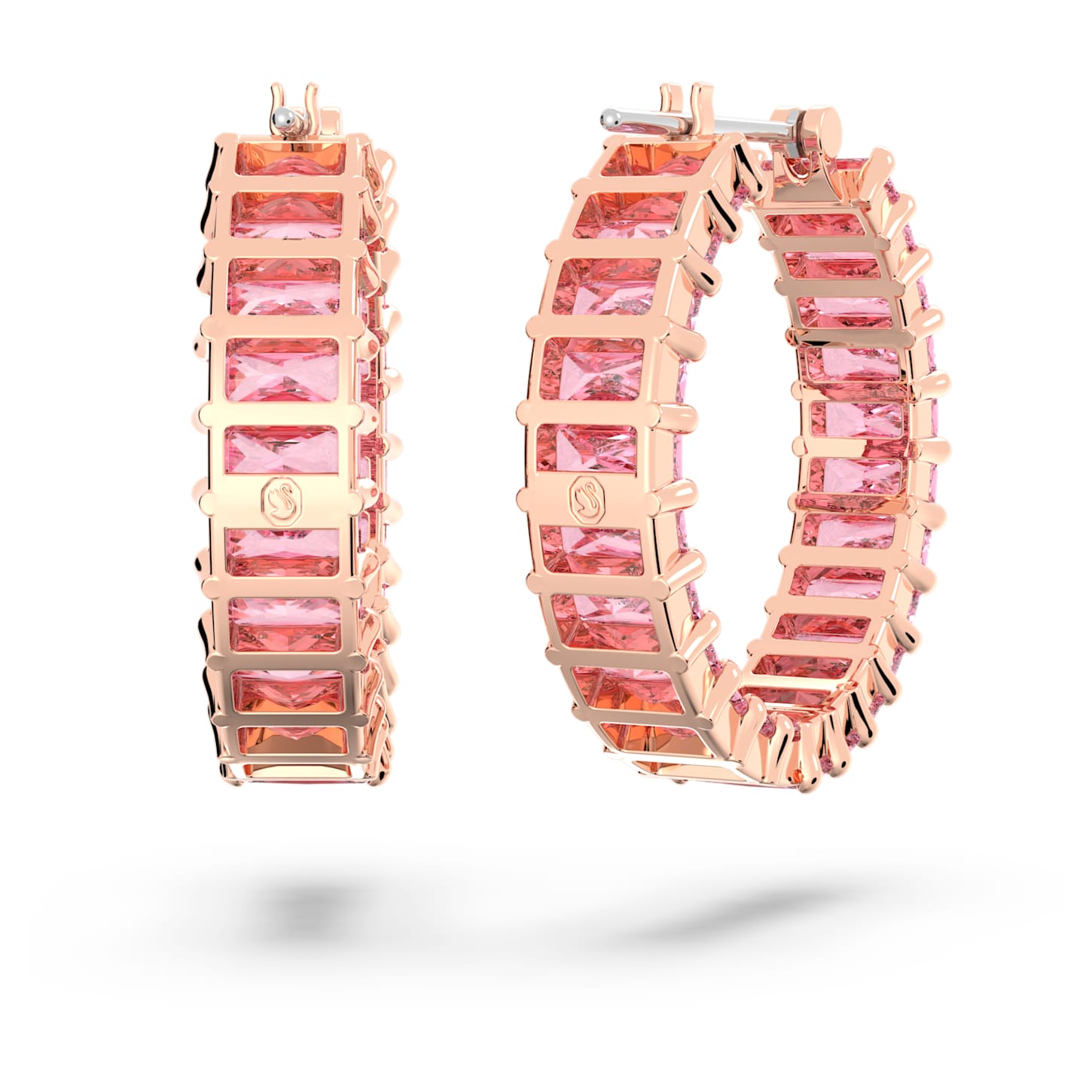 Matrix hoop earrings, Baguette cut, Pink, Rose gold-tone plated | Swarovski