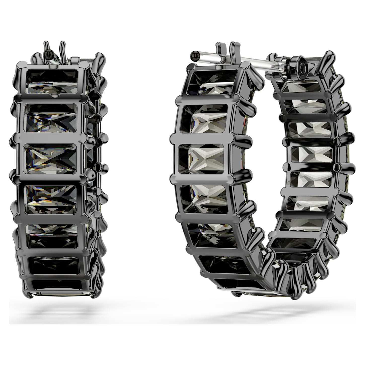 Matrix hoop earrings, Baguette cut, Gray, Ruthenium plated | Swarovski