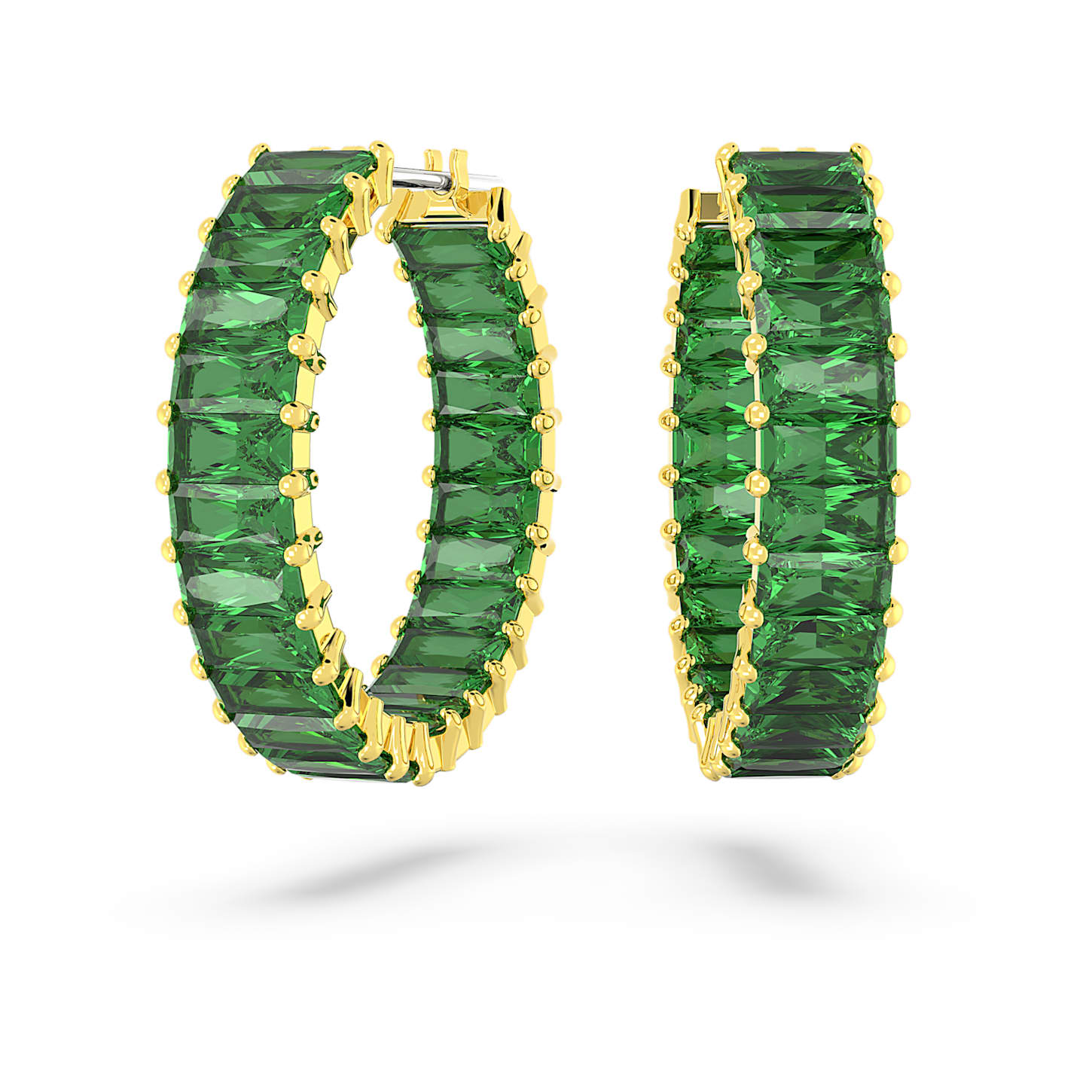 Matrix hoop earrings, Baguette cut, Green, Gold-tone plated | Swarovski