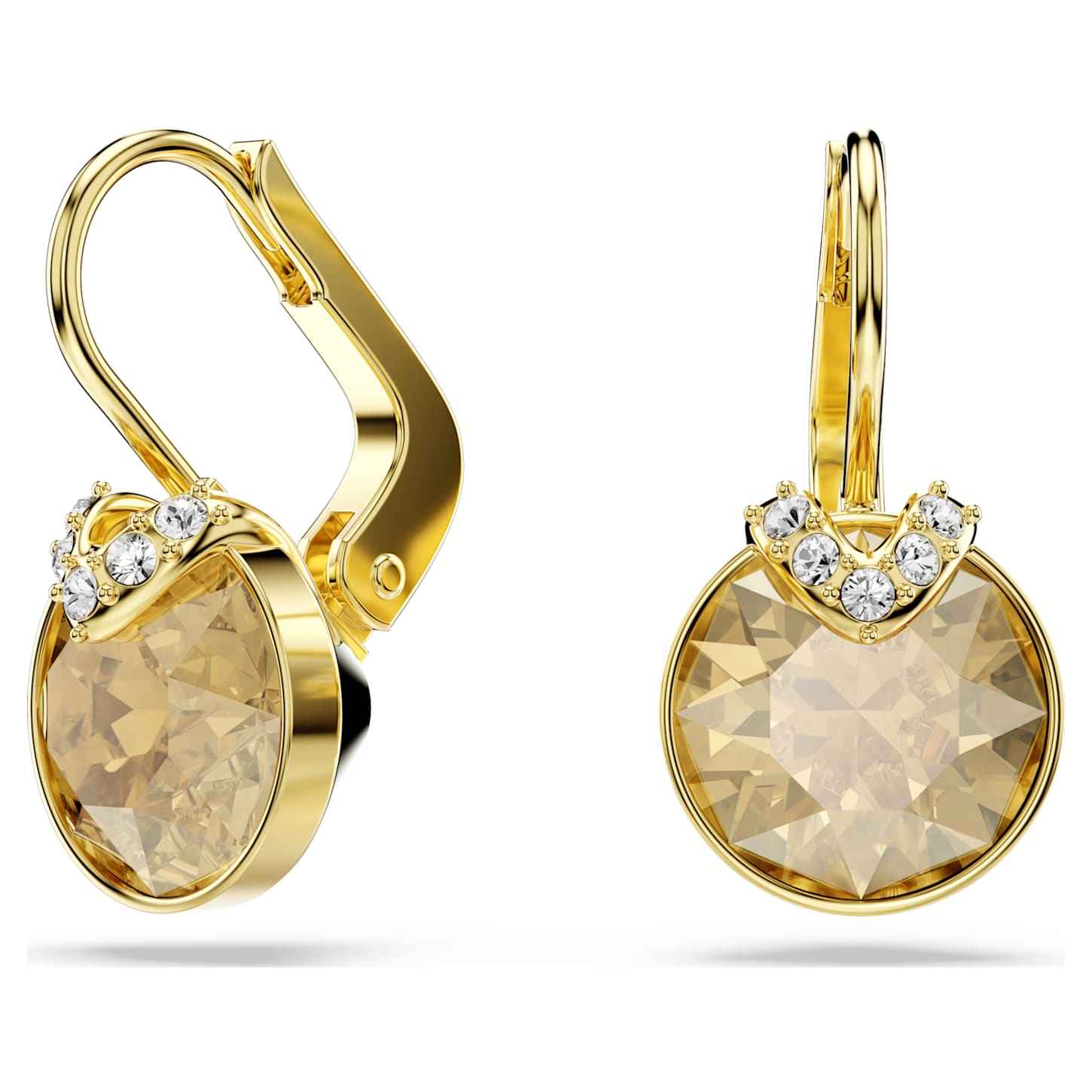 Bella V drop earrings, Round cut, Gold tone, Gold-tone plated | Swarovski