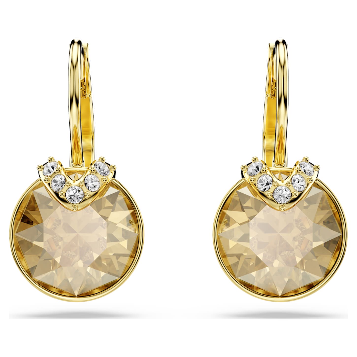Bella V drop earrings, Round cut, Gold tone, Gold-tone plated | Swarovski