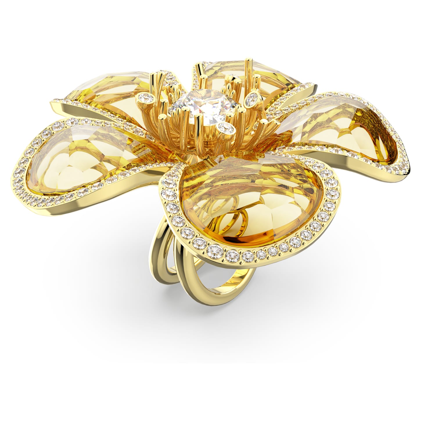 Florere cocktail ring, Flower, Yellow, Gold-tone plated | Swarovski