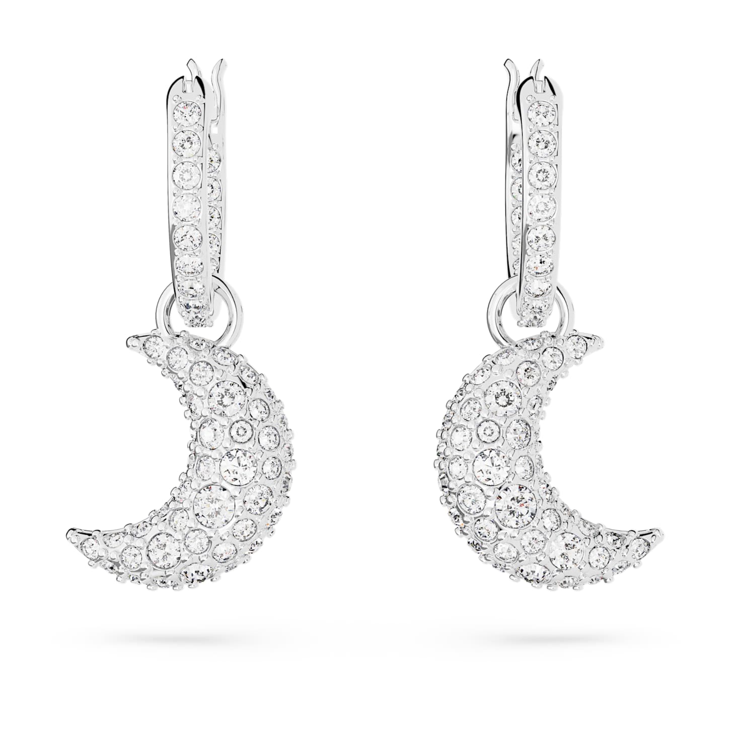 Luna drop earrings, Moon, White, Rhodium plated | Swarovski