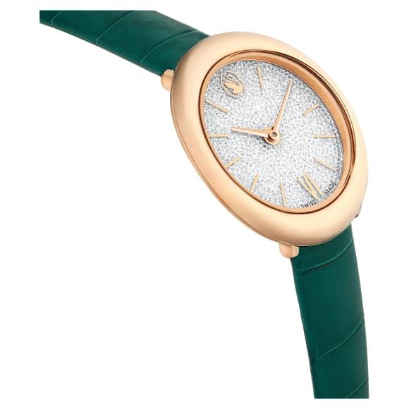 Imber oval 腕表, 瑞士制造, 真皮表带, 绿色, 玫瑰金色调润饰 | Swarovski