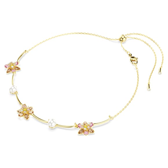 Náhrdelník Idyllia, Křišťálová perla, Různé výbrusy, Květina, Vícebarevný, Pokoveno ve zlatém ...