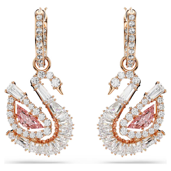 Swan drop earrings, Pavé, Swan, Pink | Swarovski