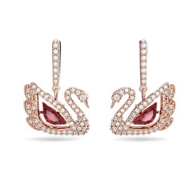 Swan drop earrings Swan Red Rose gold tone plated Swarovski
