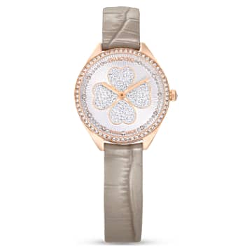 Attract watch, Swiss Made, Clover, Leather strap, Grey, Rose gold-tone ...