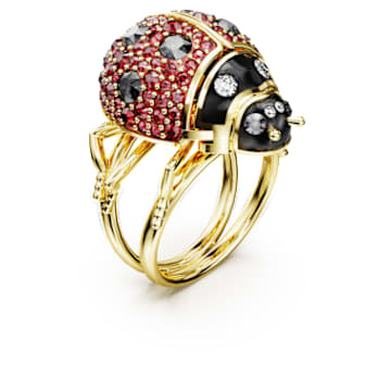 Idyllia cocktail ring, Ladybug, Red, Gold-tone plated | Swarovski