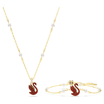 Swan set, Crystal pearl, Swan, Red, Gold-tone plated | Swarovski